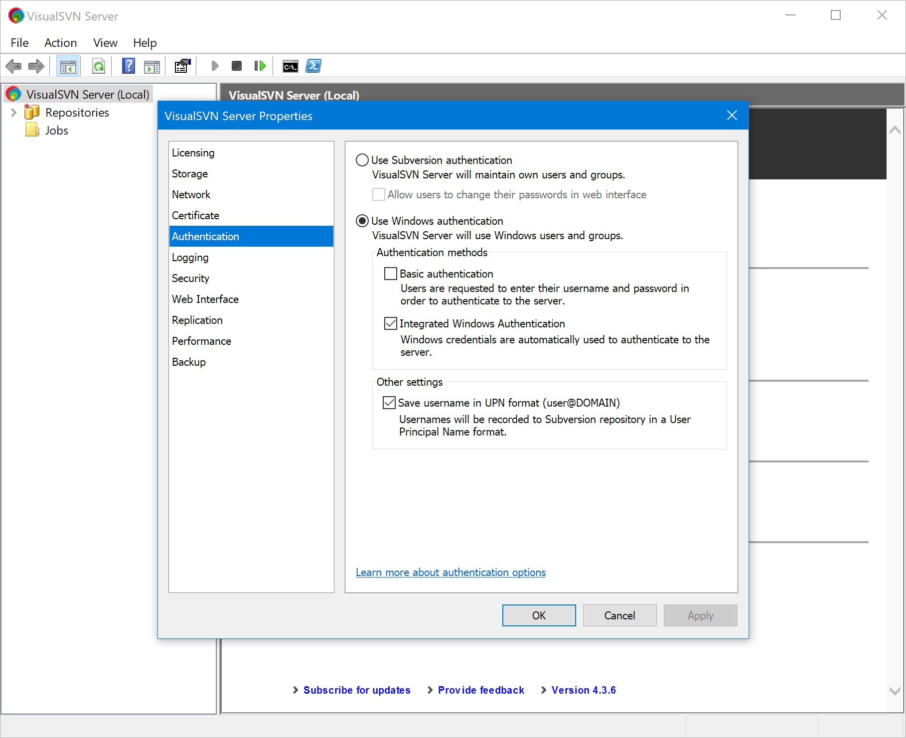 Windows Authentication For Subversion Visualsvn Server
